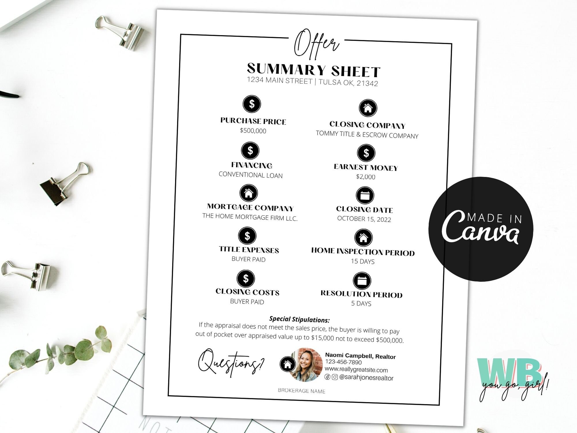 Offer Summary Cover Sheet, Real Estate Offer Presentation, Multiple ...