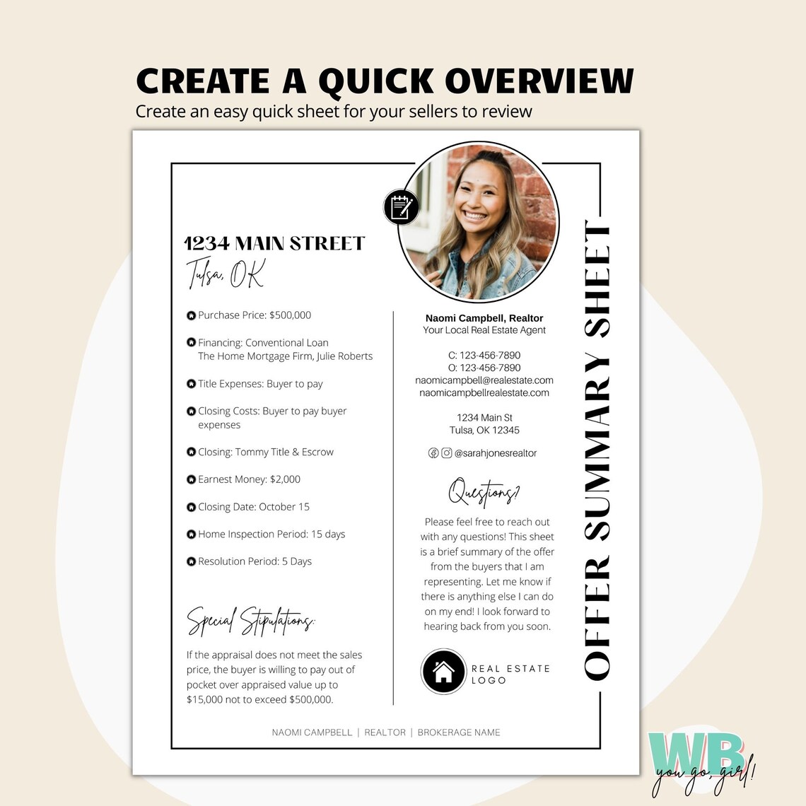 Offer Summary Cover Sheet Modern Real Estate Sheet Template - Etsy
