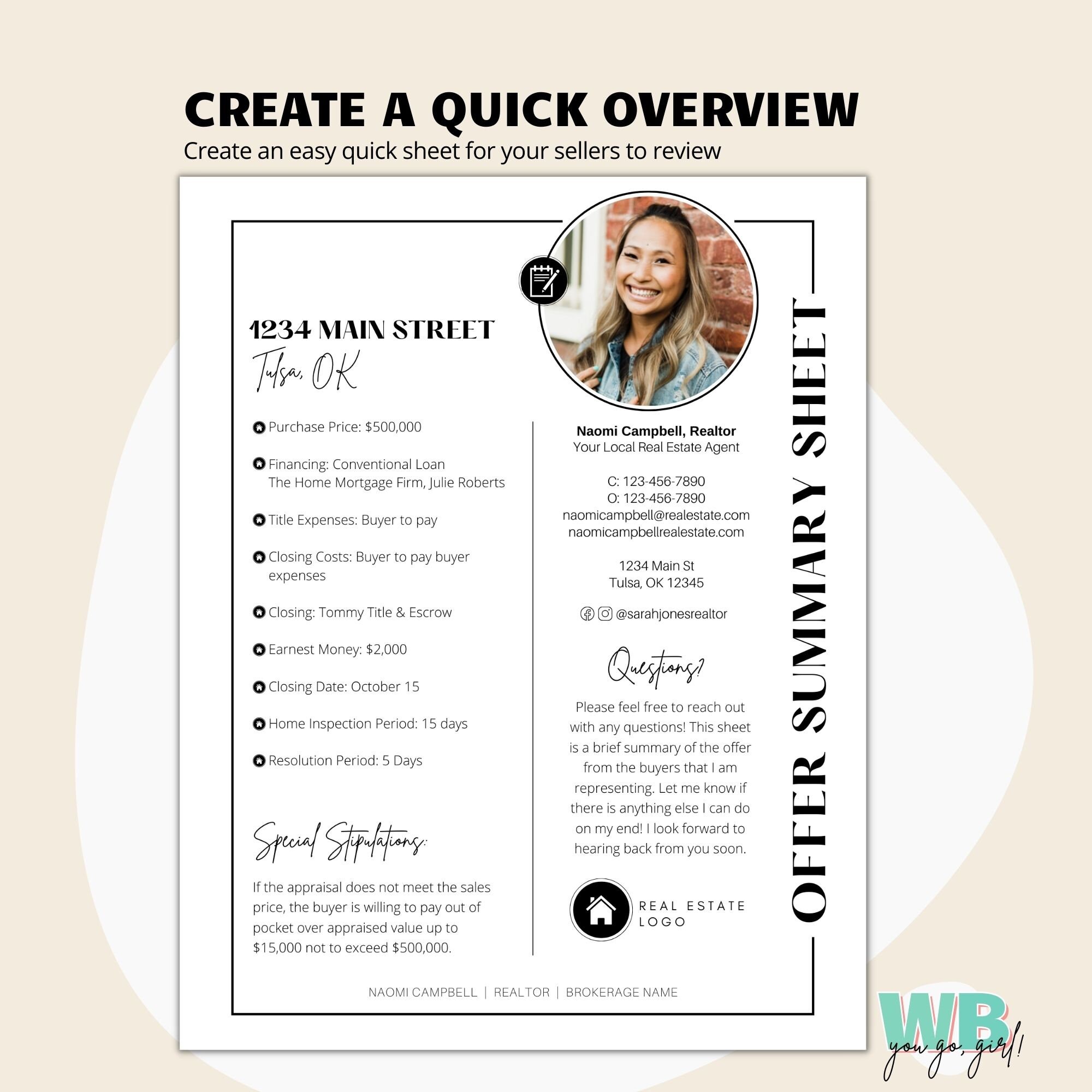 Offer Summary Cover Sheet, Modern Real Estate Sheet Template, Multiple ...