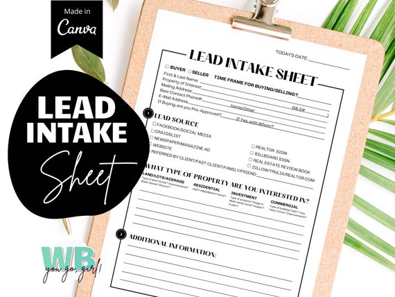 Lead Intake Sheet Lead Form Lead Tracking Forms Real Estate - Etsy