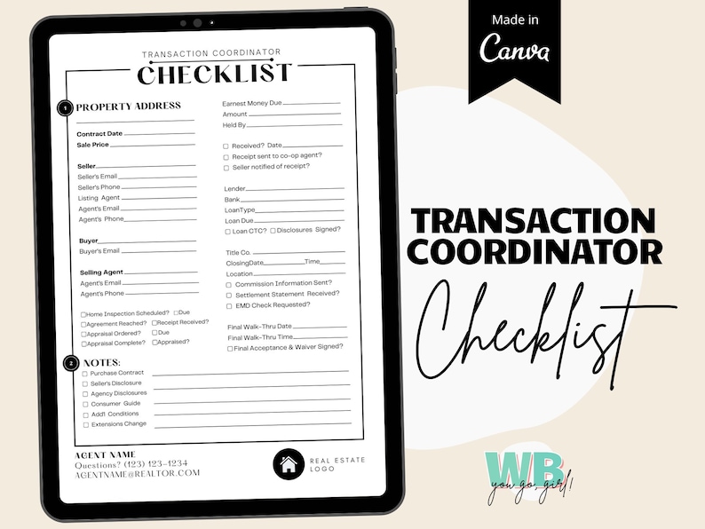 Transaction Coordinator Checklist, Real Estate Transaction Checklist ...
