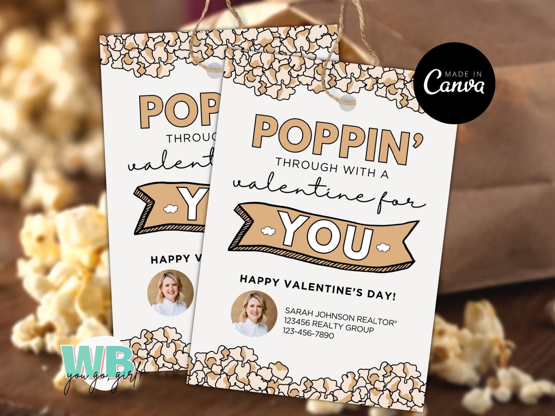 Realtor Valentine Popcorn Gift Tag for Clients, Just Poppin By, Real ...