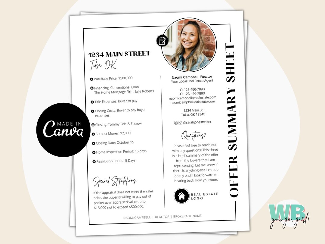 Offer Summary Cover Sheet, Modern Real Estate Sheet Template, Multiple ...