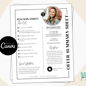 Offer Summary Cover Sheet, Modern Real Estate Sheet Template, Multiple ...