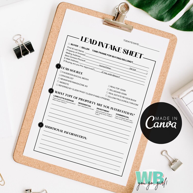 Lead Intake Sheet, Lead Form, Lead Tracking Forms, Real Estate Agent ...