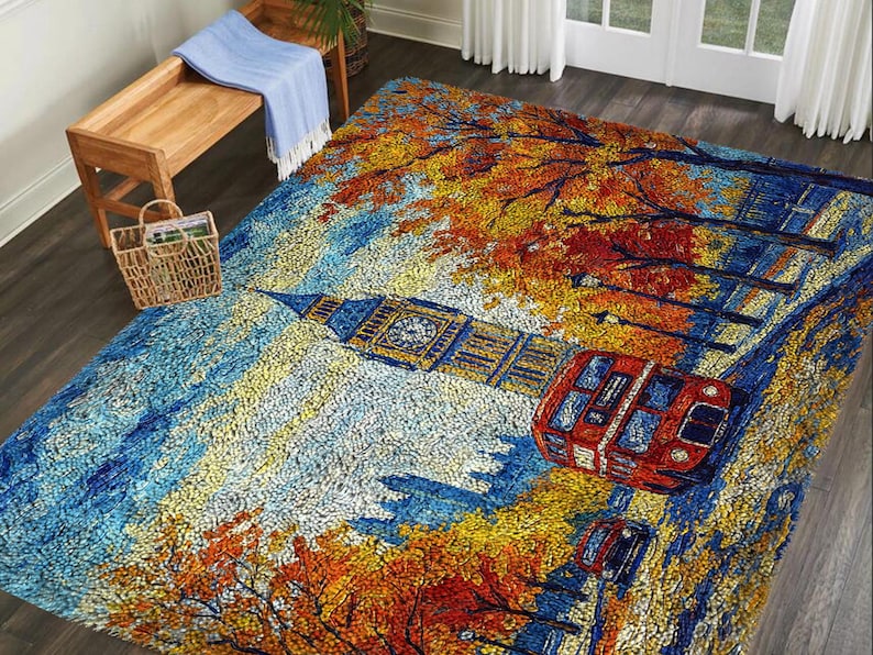 Latch Hook Rug Kit: Clock Tower Bus Scene, Pre-printed Canvas, Yarn ...