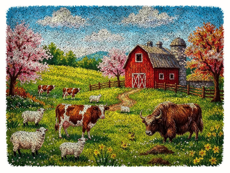 Cattle and Sheep Farm Latch Hook Rug Kit, Full Supplies DIY Tapestry ...