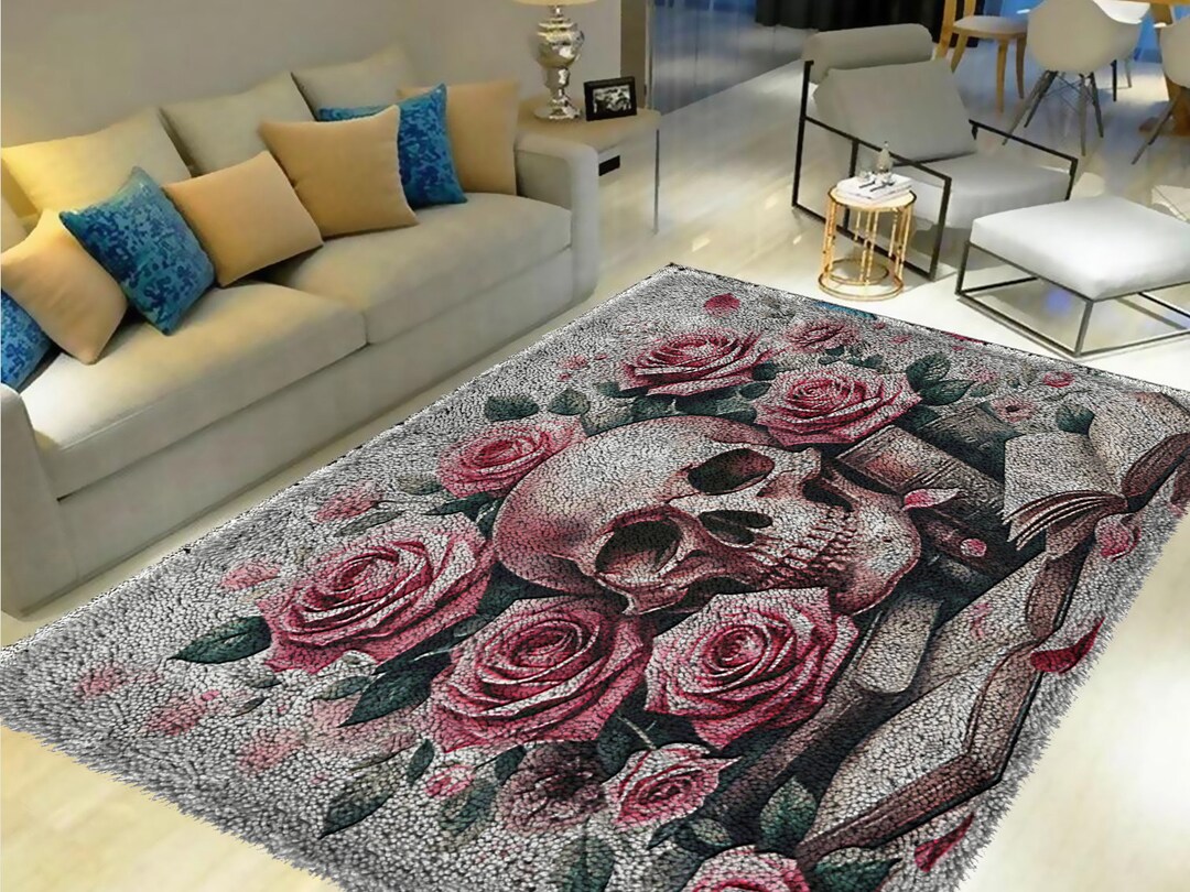 Flower Skull Latch Hook Rug Kit: DIY Tapestry Craft With Printed Canvas ...