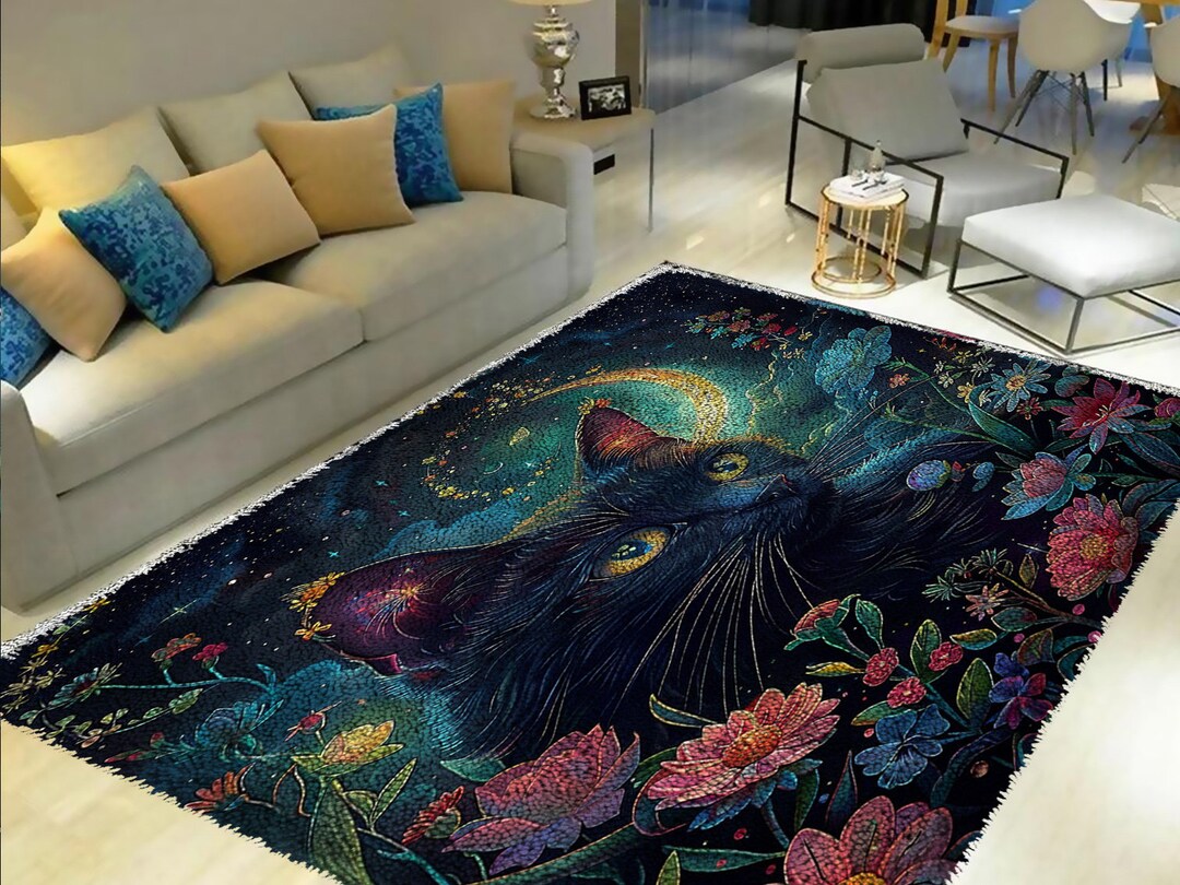 Black Cat Latch Hook Rug Kit: Floral Tapestry, DIY Craft - Etsy