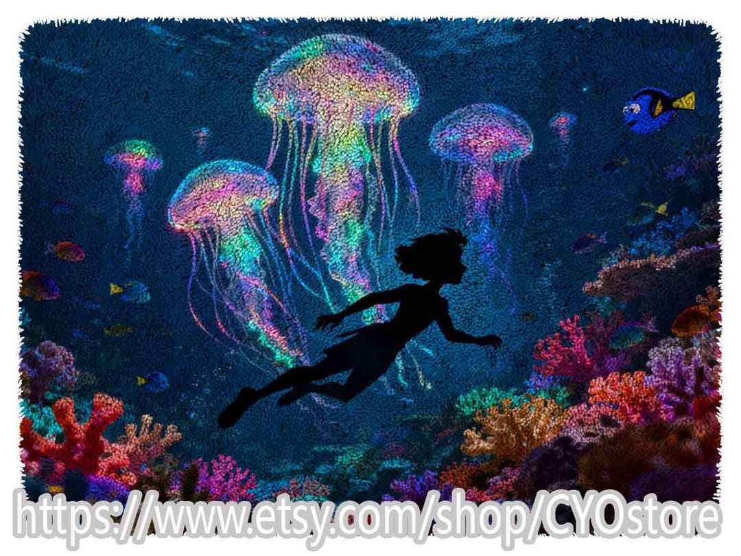 Jellyfish Latch Hook Kit: Colorful Pre-printed Rug, DIY Home Decor| All ...