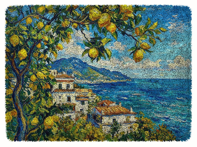 Seaside Villa Latch Hook Rug Kit: Lemon Tree Coastal Scene DIY Yarn ...
