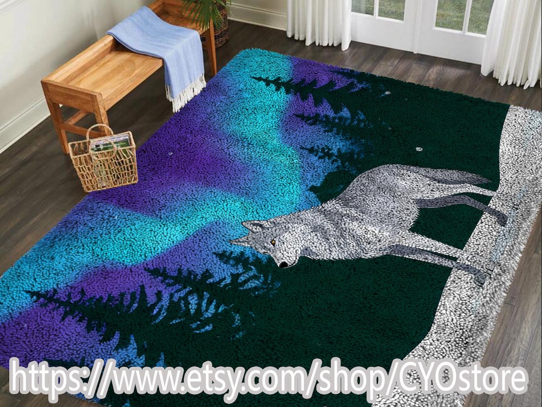 Aurora Wolf Latch Hook Kit: DIY Rug Making Craft Pre-printed Canvas ...