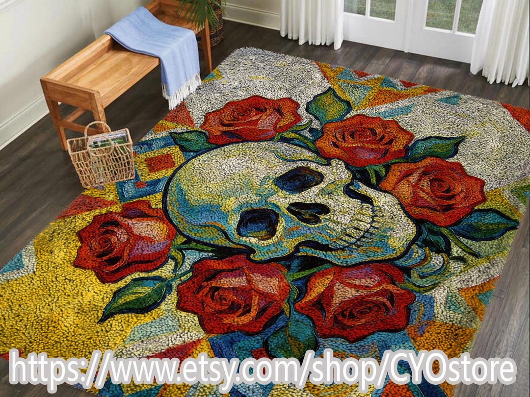 Rose Skull Latch Hook Kit DIY Rug Making Pre-printed Canvas Non-slip - Etsy