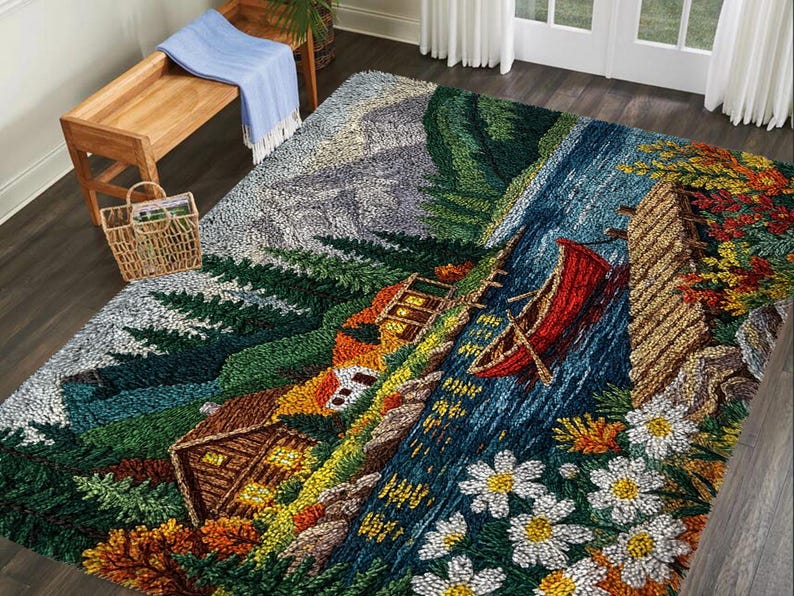 Lake Scenery Latch Hook Rug Kit, Full Supplies DIY Tapestry Carpet ...
