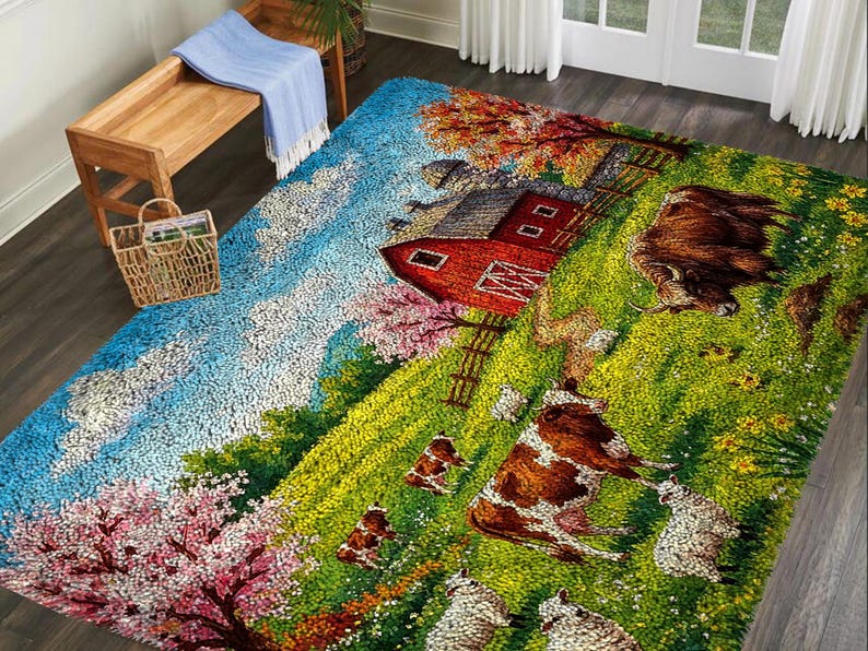 Cattle and Sheep Farm Latch Hook Rug Kit, Full Supplies DIY Tapestry ...