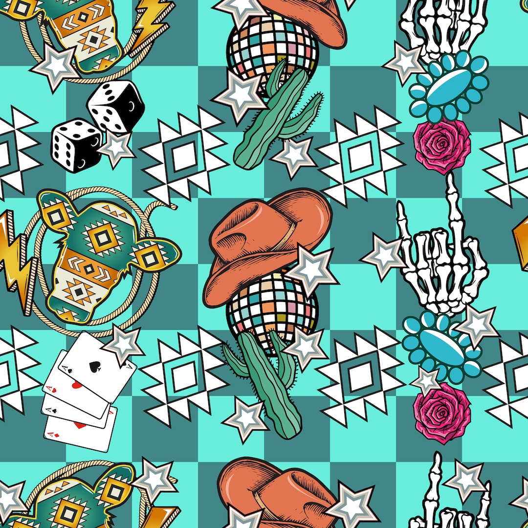 Western Turquoise Seamless Pattern Retro Cowboy Cowgirl Design ...