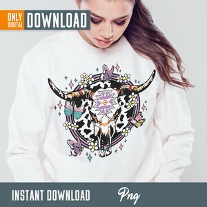 Aztec Floral Cow Skull PNG, Western Cowgirl, Retro Sublimation (digital ...