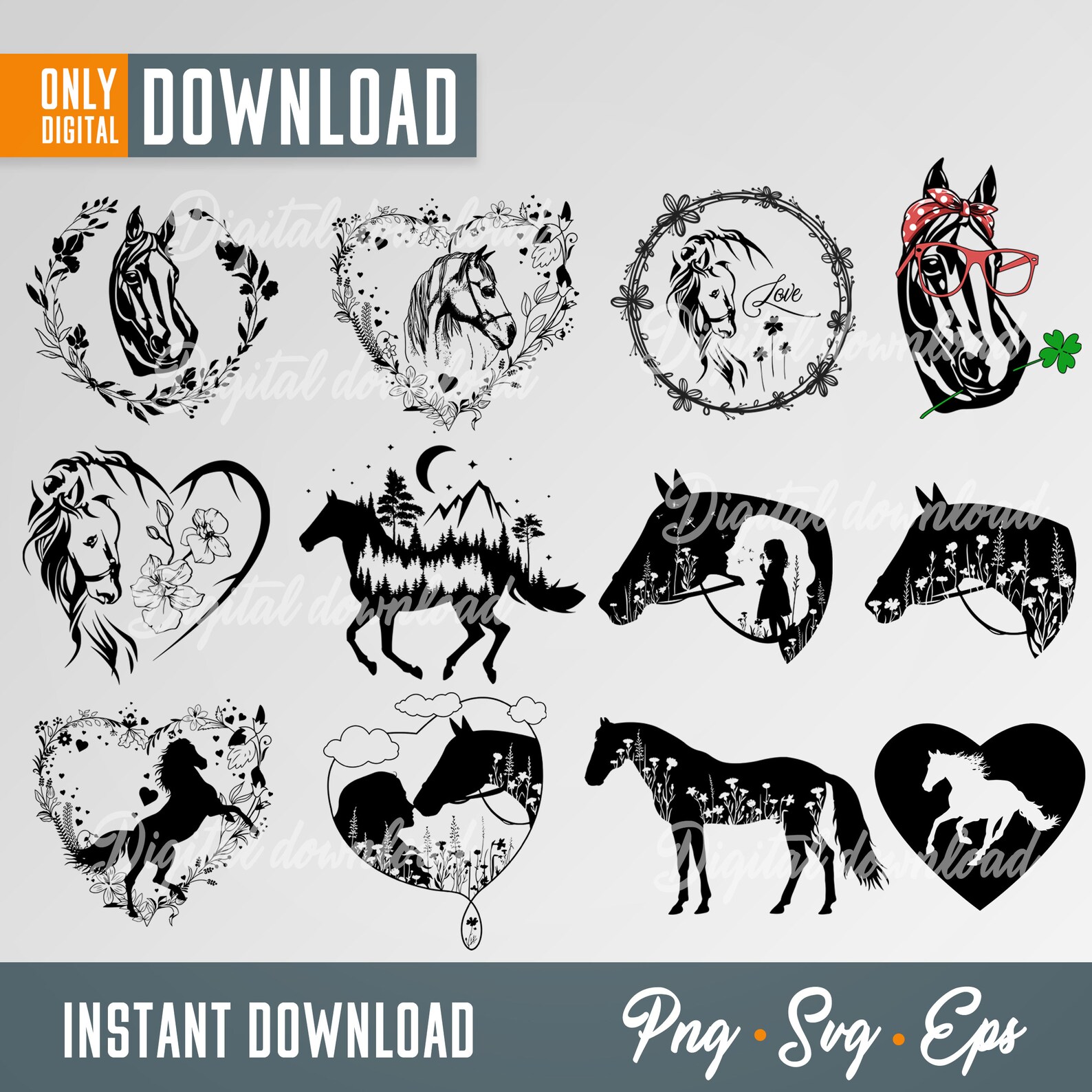 Horse Clipart Horse Svg Bundle Horse Silhouette Horse Love - Etsy