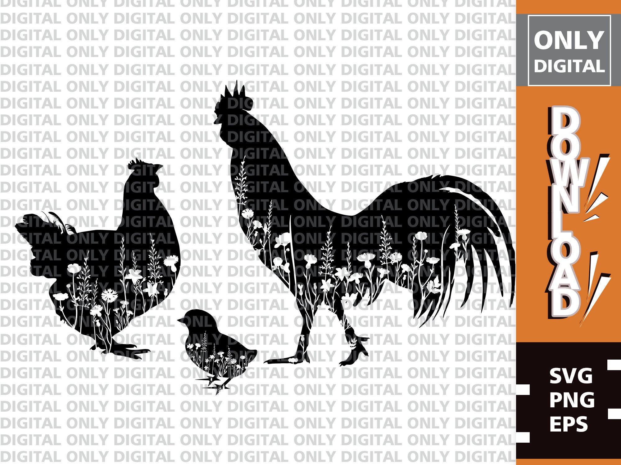 Floral Rooster Hen Chick SVG Bundle, Chicken Vector Clipart (digital ...