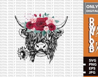 Floral Highland Cow Svg| Cow With Flowers Svg, Heifer Png, Heifer Cow ...