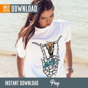 Western Skeleton Hand With Cow Skull Retro Png Sublimation Design ...