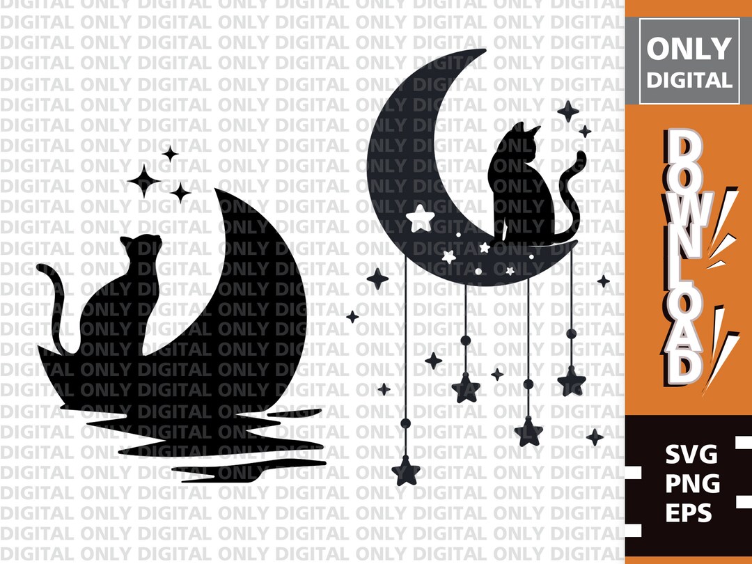 Cat Clipart, Moon Cat SVG, Cat Svg, Cat Silhouette SVG, Magical Cat ...