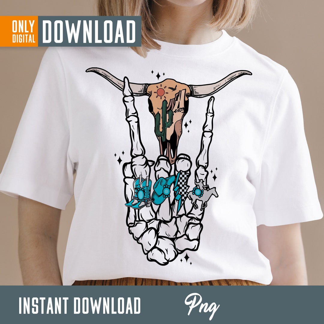 Western Skeleton Hand With Cow Skull Retro Png Sublimation Design ...