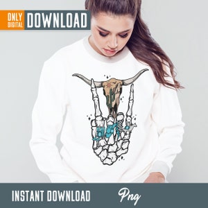 Western Skeleton Hand With Cow Skull Retro Png Sublimation Design ...
