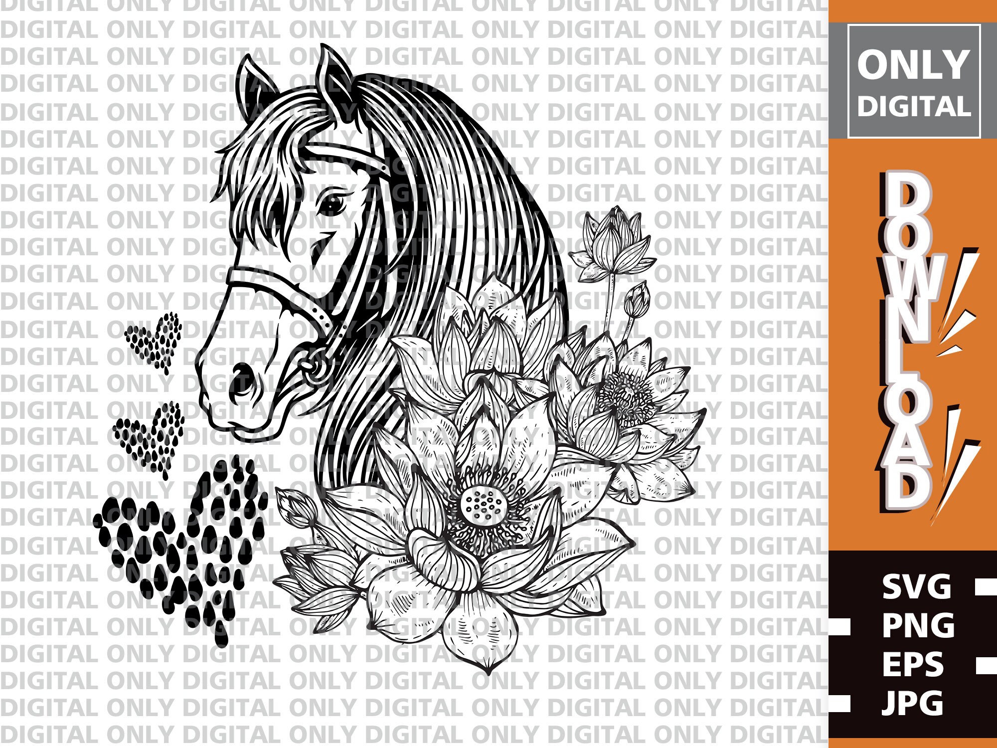 Paard clipart, paard svg, Liefde paard svg, paardenhoofd svg, bloemen ...