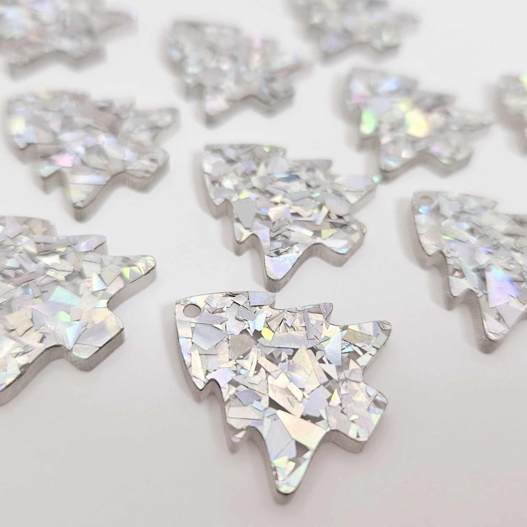 6 Pcs 25mm Laser Cut HOLOGRAPHIC SILVER Glitter Acrylic MINI Christmas ...