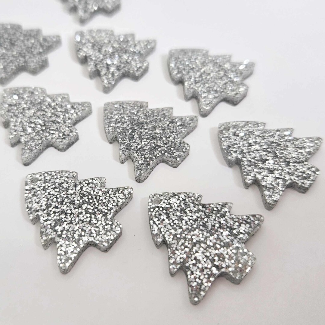 6 Pcs 25mm Laser Cut SILVER GLITTER Acrylic MINI Christmas Tree Dangles ...