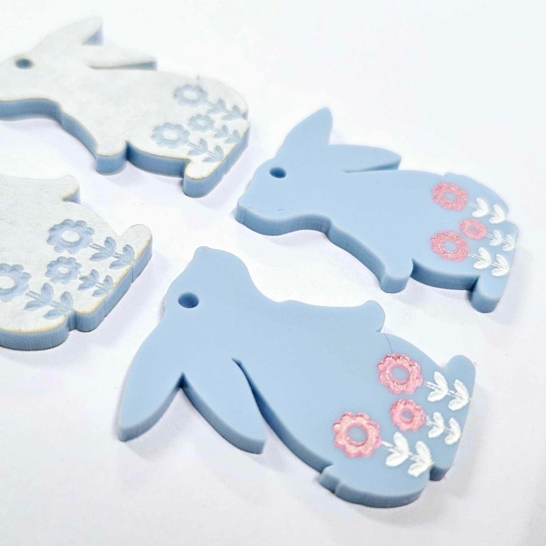 6 Pcs 35mm Laser Cut Pastel BLUE Acrylic BUNNIES, With FLOWER Etching ...