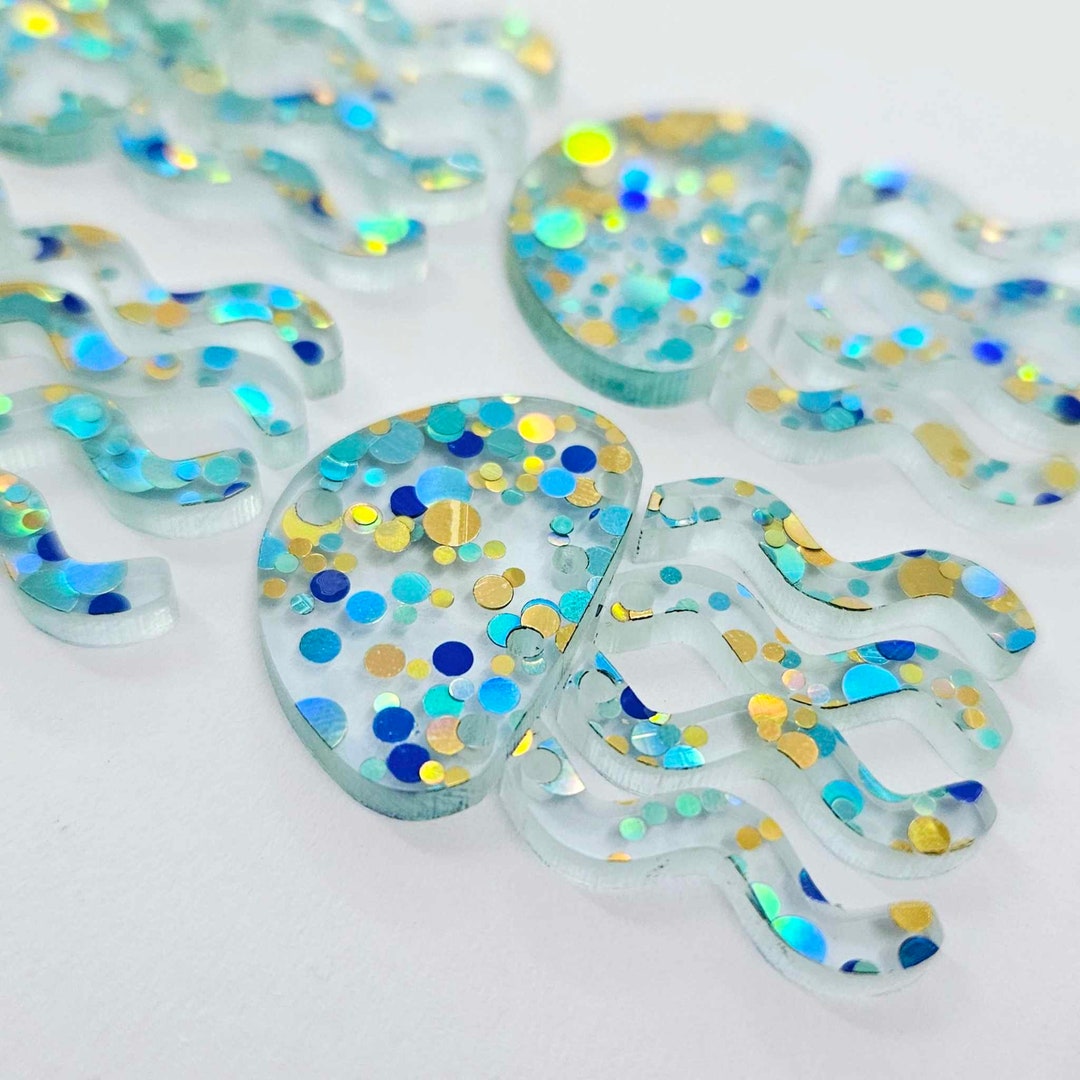 6 Pcs 40mm Laser Cut BLUE & GOLD Bubble Glitter Acrylic JELLYFISH - Etsy