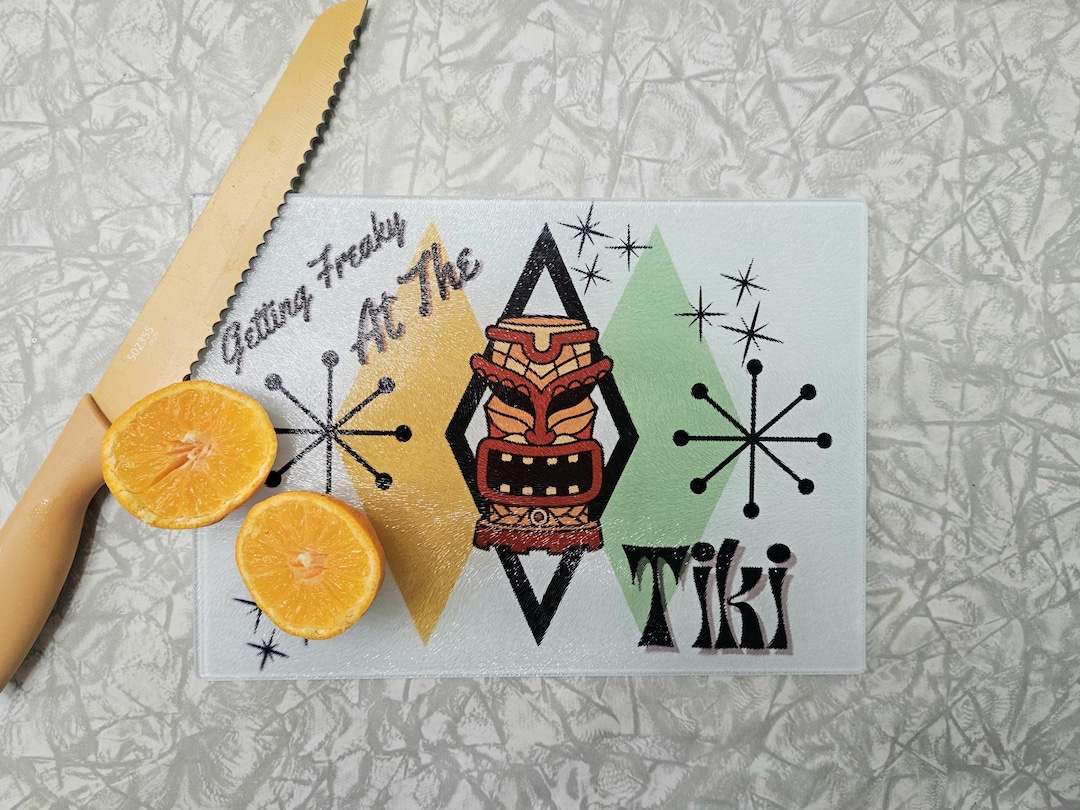 Atomic MCM Tiki "getting Freaky at the Tiki" 11x8 Glass Cutting Board ...