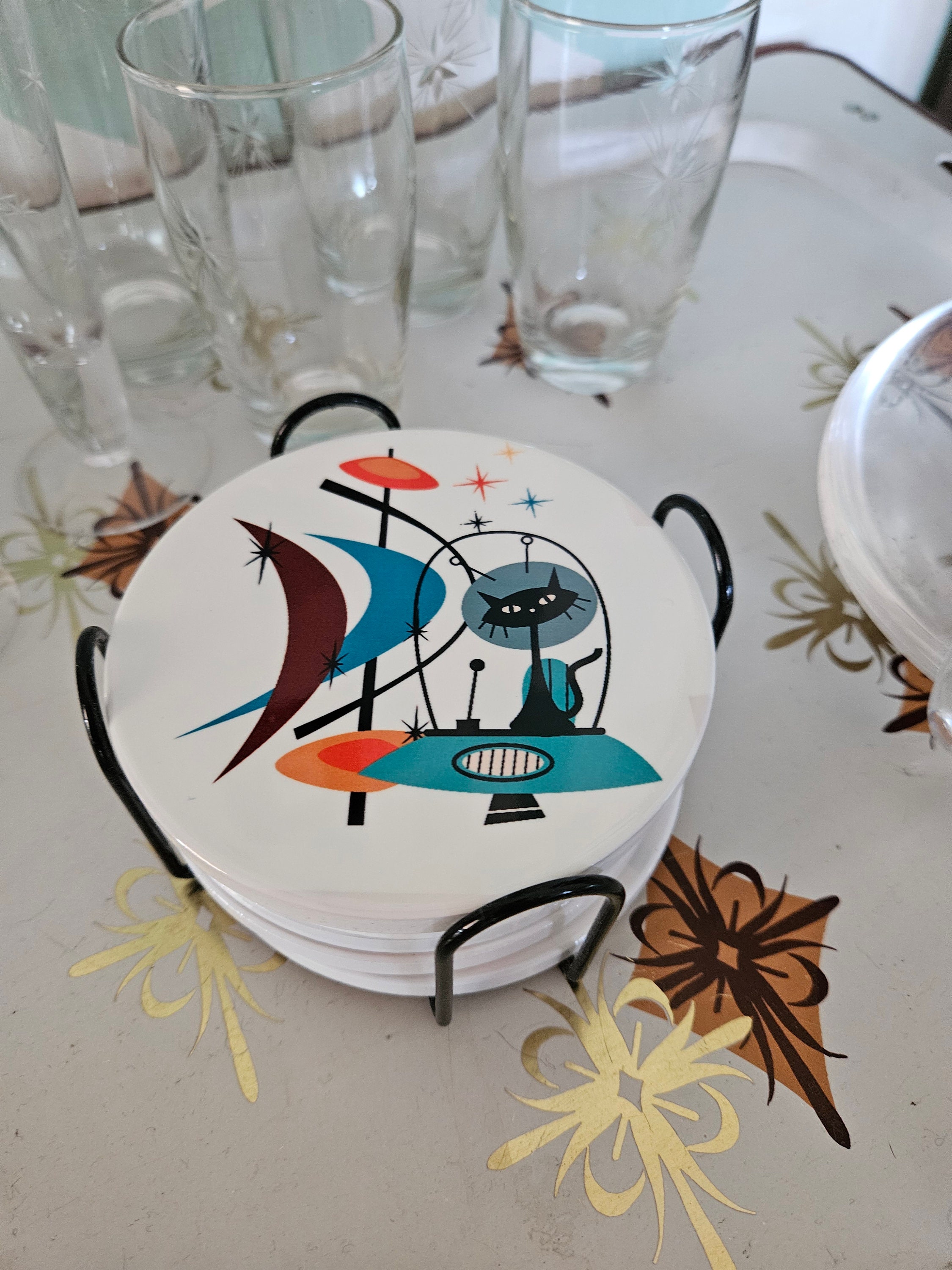 Atomic MCM Space Cat Coasters - Set of 6 - Etsy