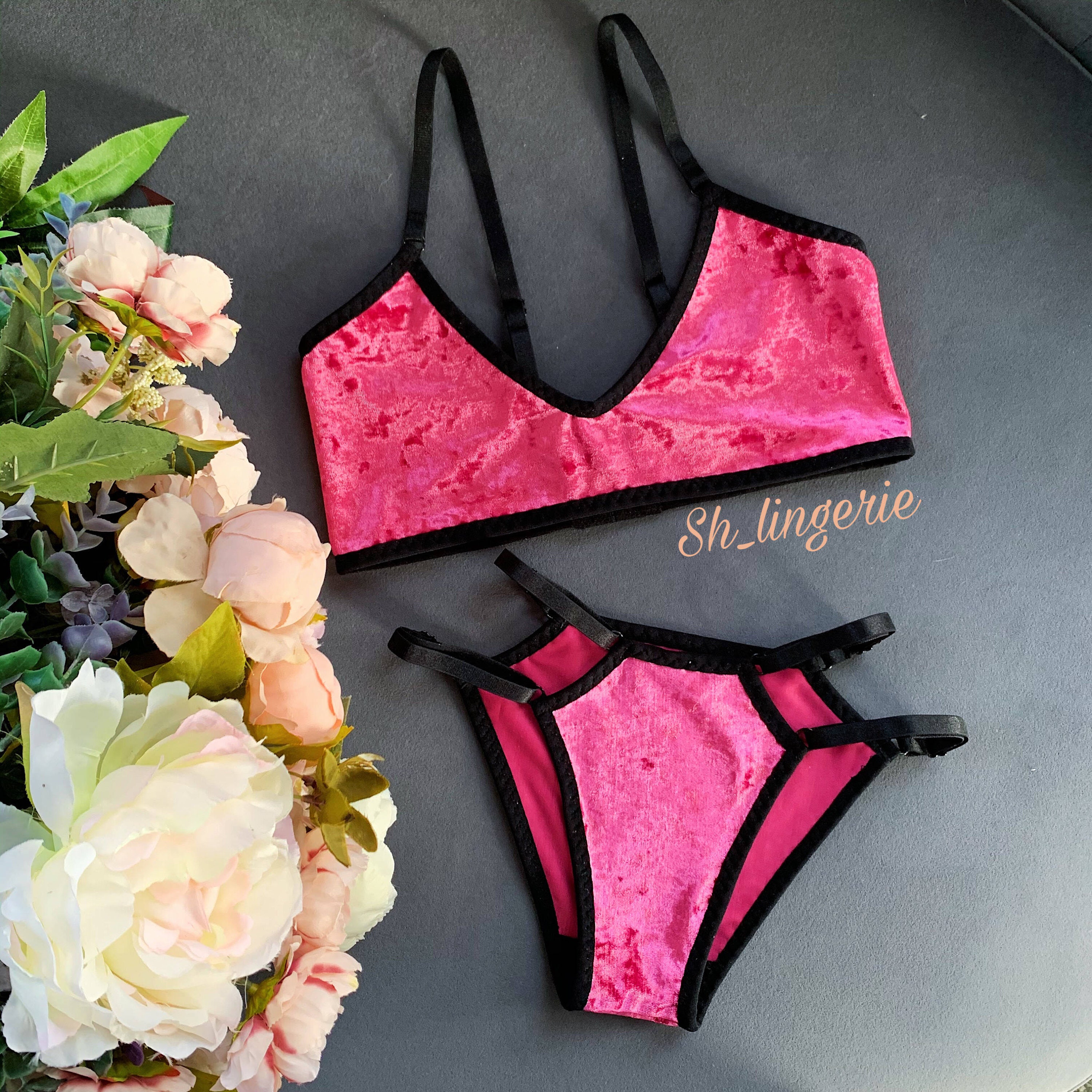 Lingerie Set Pink Lingerie Velvet Lingerie Strappy Etsy