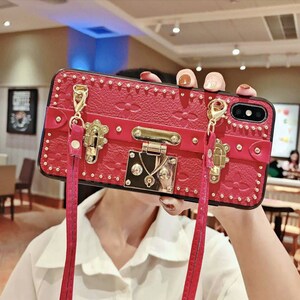 Luxury Leather iPhone Case With Rope Leather Back Cover Wrist Strap ...