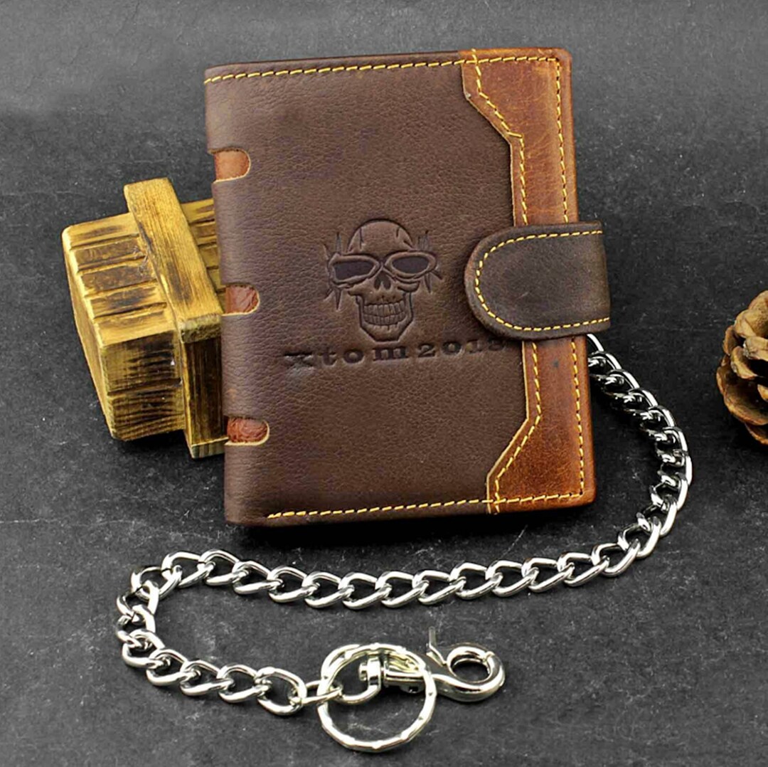 Wallet Leather Brown, Skull Chain Wallet, Embossed Skull Hasp Wallet ...
