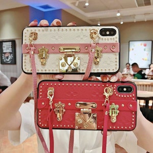 Luxury Leather iPhone Case With Rope Leather Back Cover Wrist Strap ...