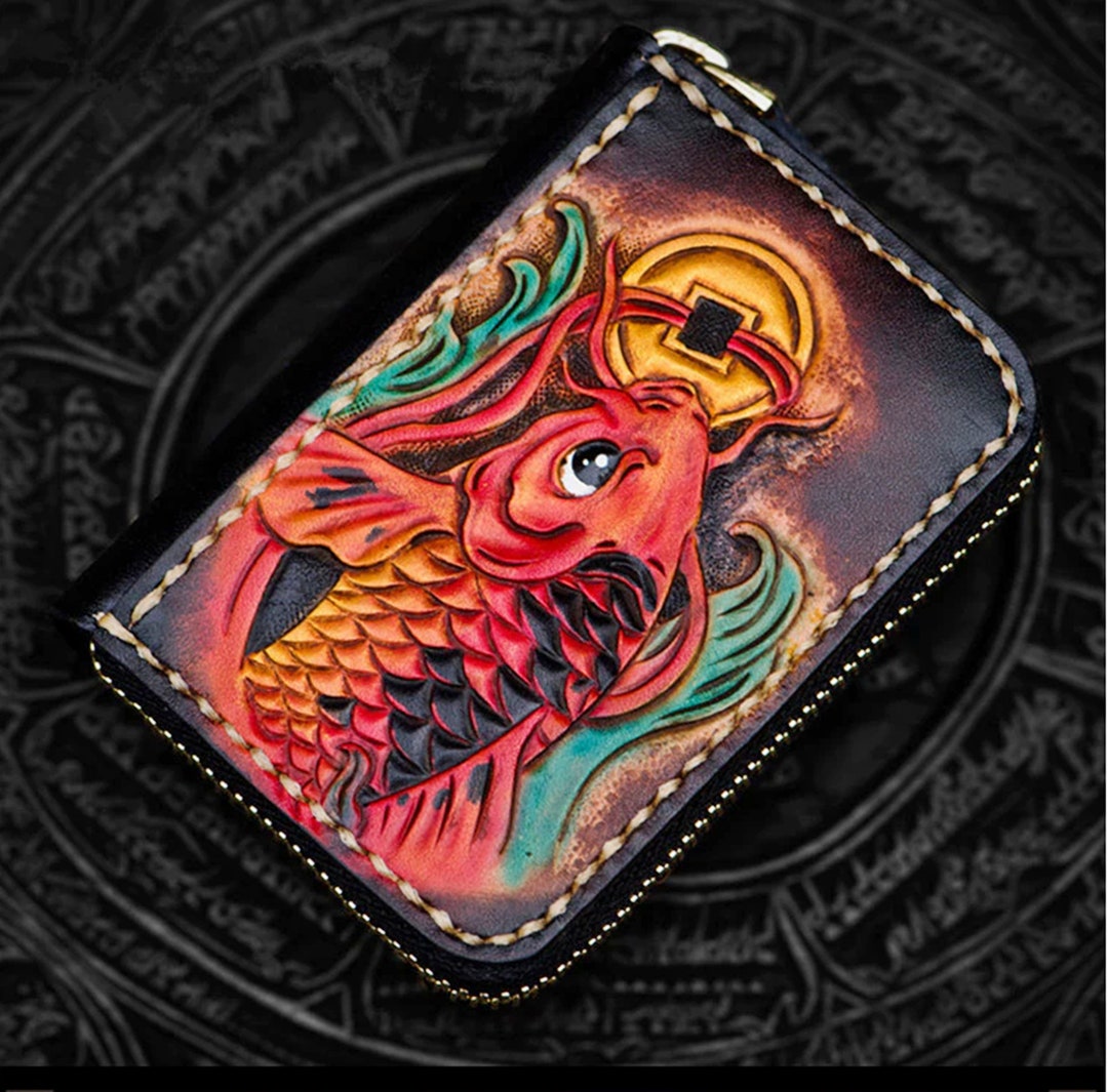 Red KOI Fish Carved Motif, Mini Short Zipper Carp Wallet Men or Lady ...