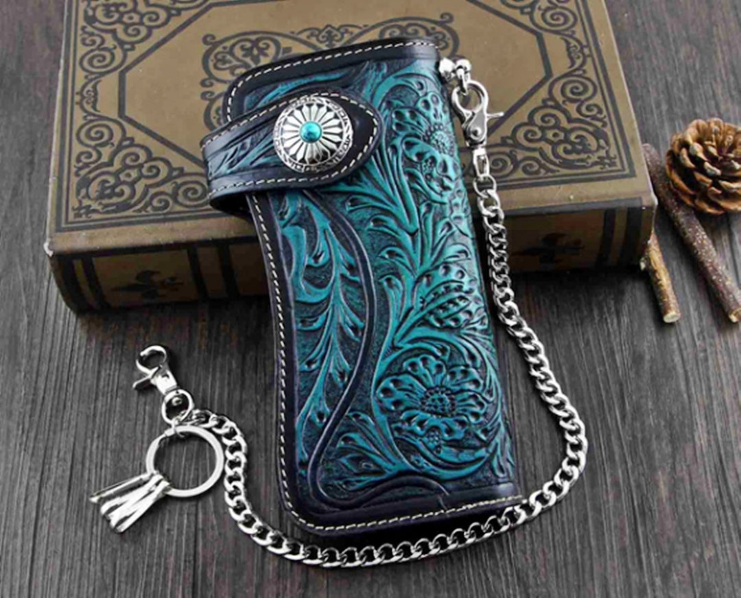Exotic Carved Wallet, Bifold Blue Carved Handmade Long Leather Wallet ...