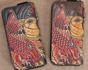 Koi Fish Leather Carving Wallet - Etsy