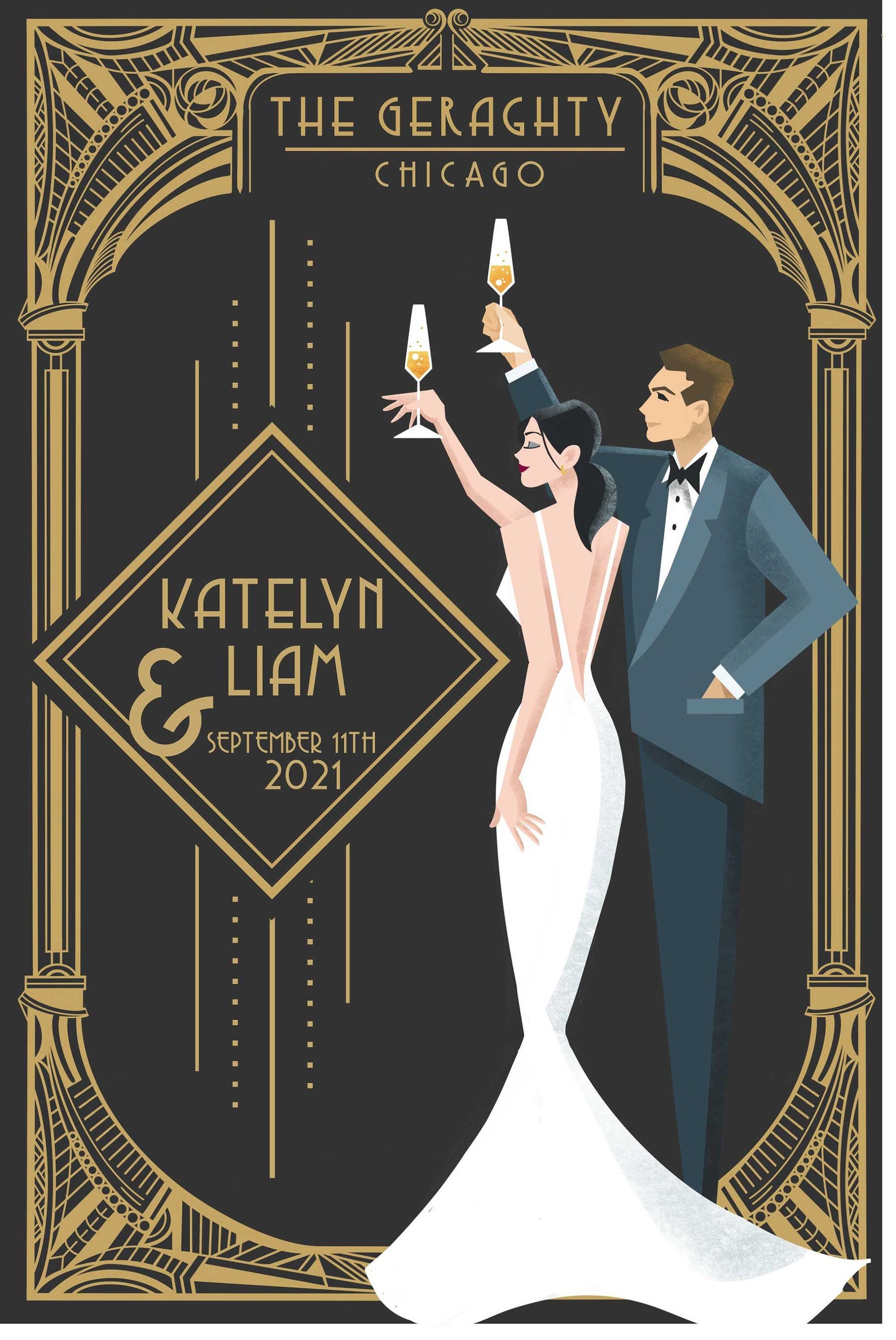 Custom Wedding Poster, Bride & Groom Illustration, Gatsby Portrait, Art ...