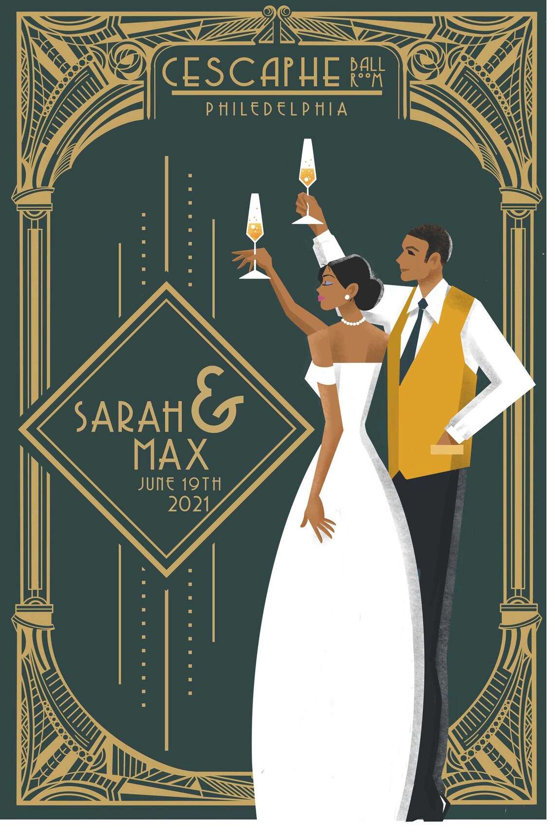 Custom Wedding Poster Bride & Groom Illustration Gatsby - Etsy