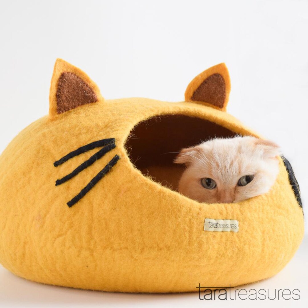 Felt Cat Cave Cat Pod, Yellow Cat Face Wool Felt - Etsy