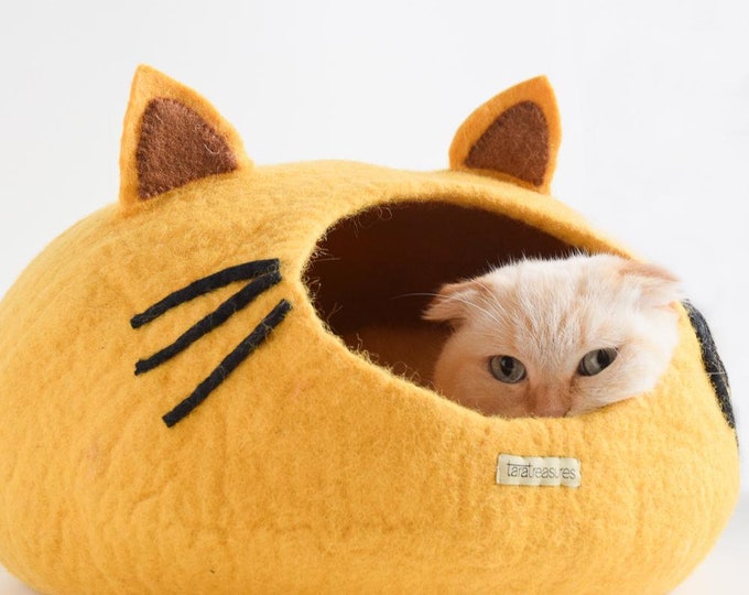 Felt Cat Cave Cat Pod Yellow Cat Face Wool Felt - Etsy