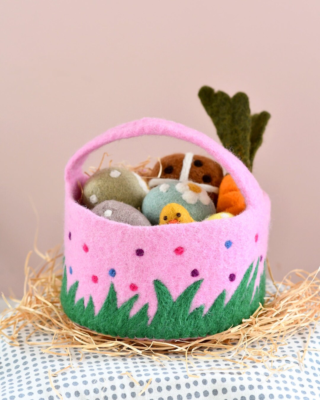 Felt Easter Egg Hunt Pink Basket With Colourful Dots and Wavy Grass, Fair Trade Easter Bag ...