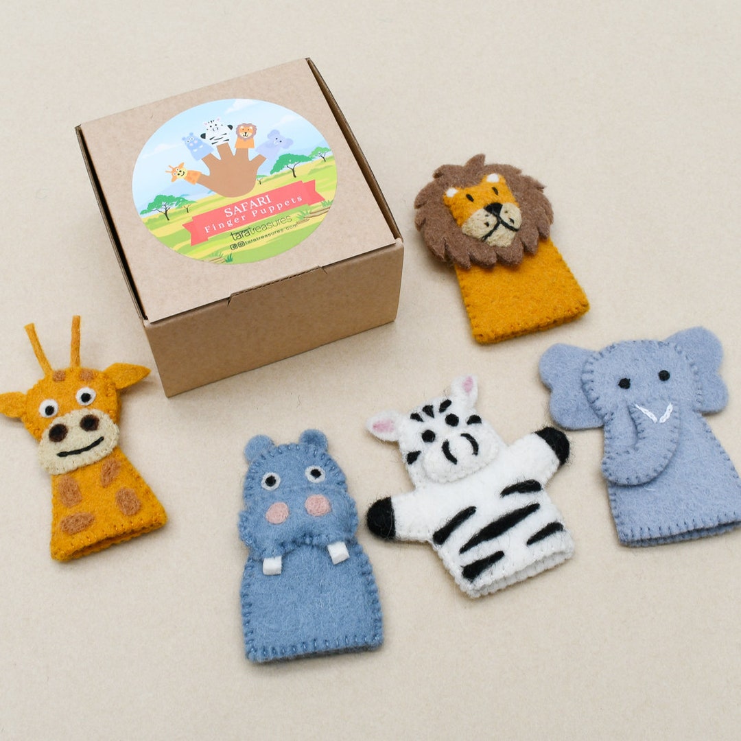 Safari Animals Finger Puppet Set: Giraffe, Lion, Zebra, Elephant, Hippo ...
