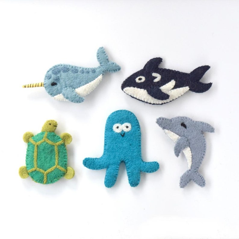 Ocean and Sea Creatures Finger Puppet Set: Narwhal, Orca, Octopus, Sea ...