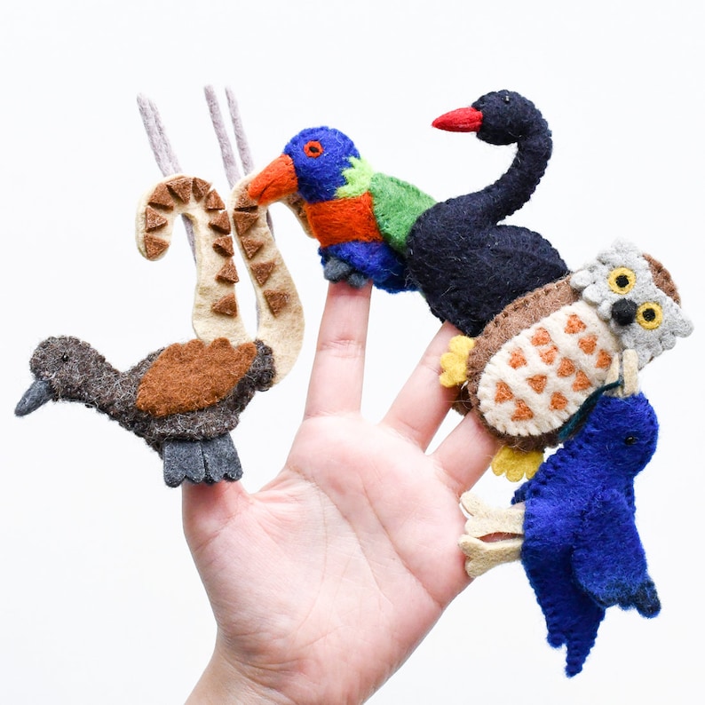 Australian Animals Birds Finger Puppets | Bowerbird Lyrebird Owl Black ...